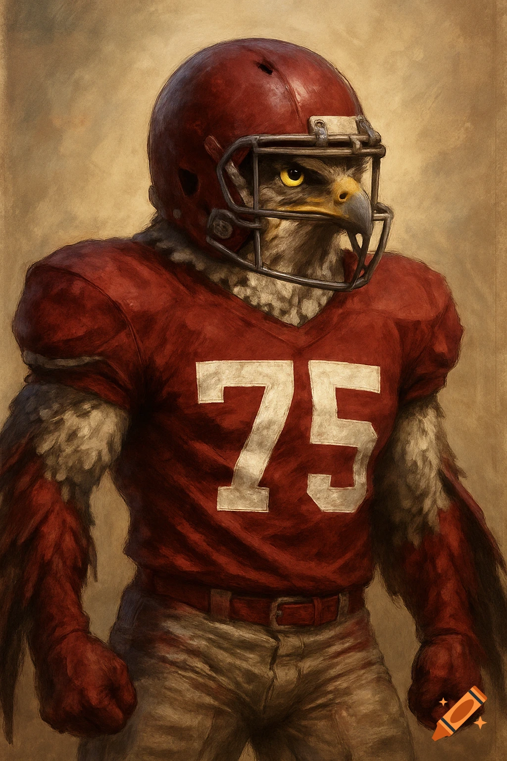 Eagle in a maroon football uniform with the number 75, painted style on ...