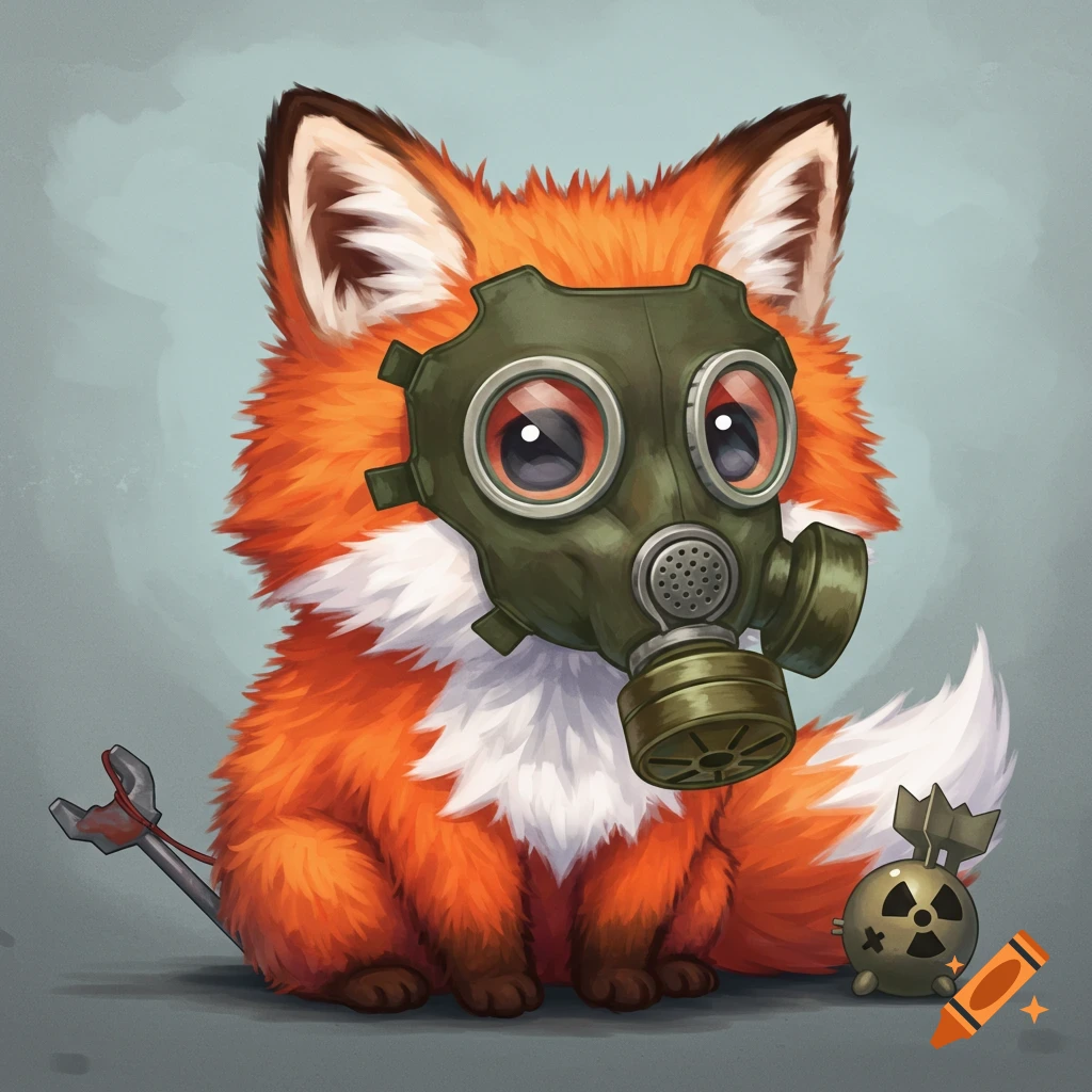 A cute fox wearing a gas mask sits next to a cartoon bomb. on Craiyon