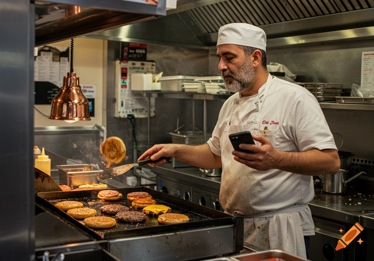Chef cooking burgers on a grill while looking at a phone in a kitchen ...
