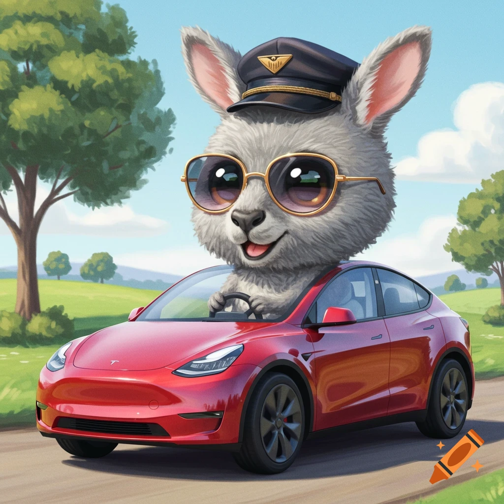 A cute kangaroo wearing sunglasses and a hat drives a red Tesla Model Y ...