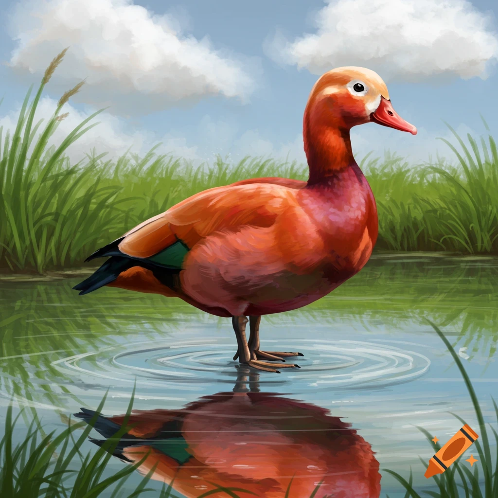 Painting of a red duck standing in water surrounded by grass under a ...