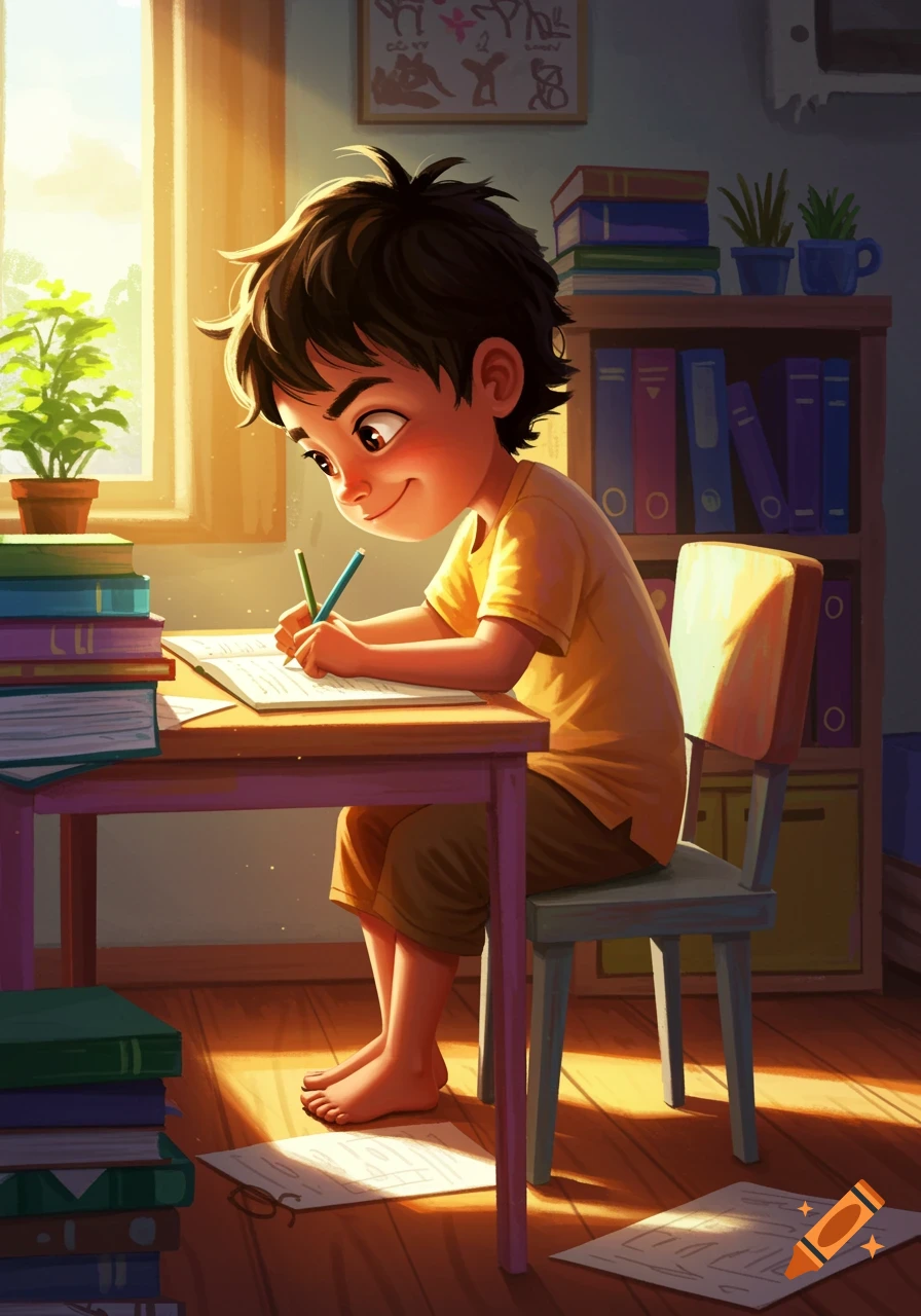 Illustration of a barefoot boy doing homework at a desk in a sunny room ...