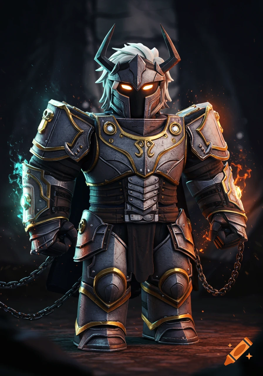 Full body of a blocky fantasy warrior in intricate grey and gold armor ...