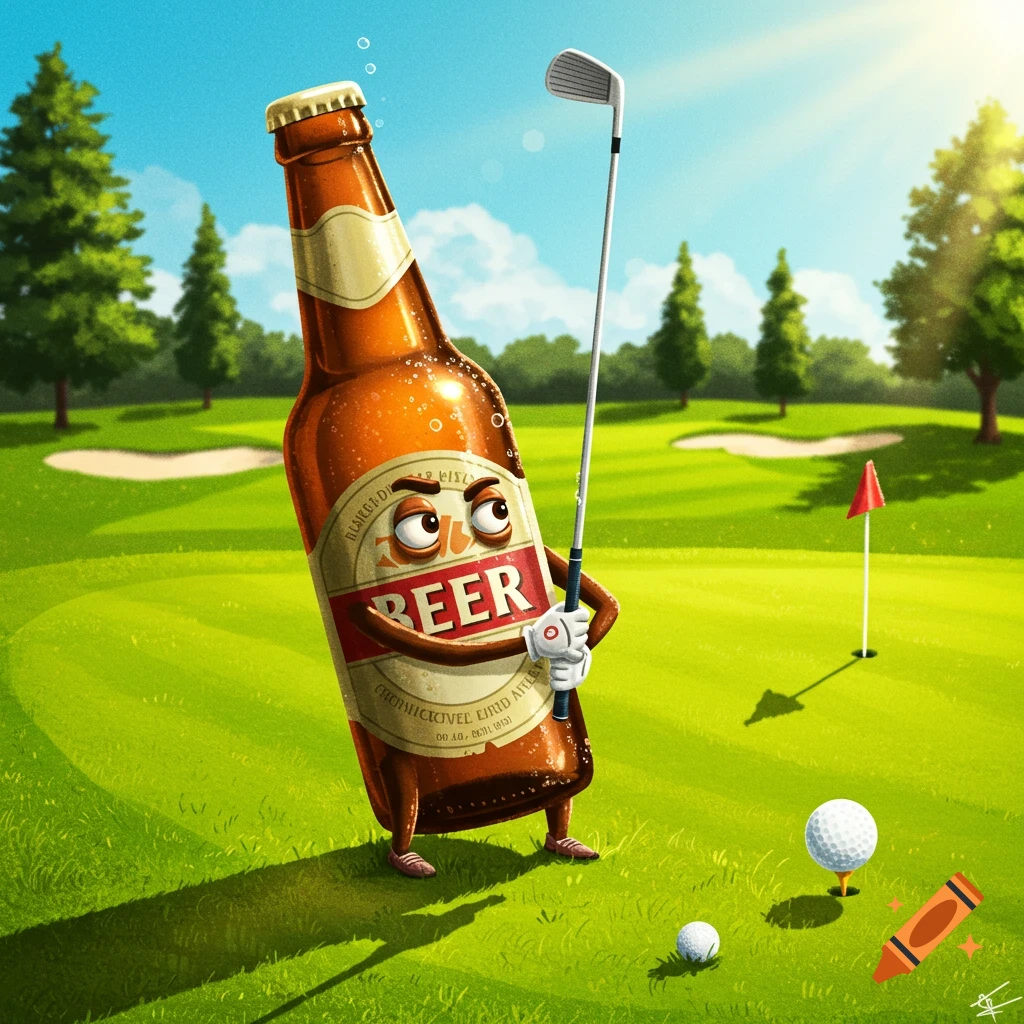 Cartoon beer bottle character standing on a golf course with a golf ...