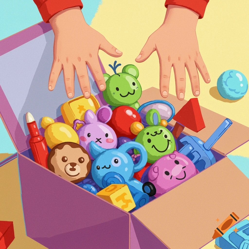 Hands reaching into a box filled with colorful, cute toys in a stylized ...