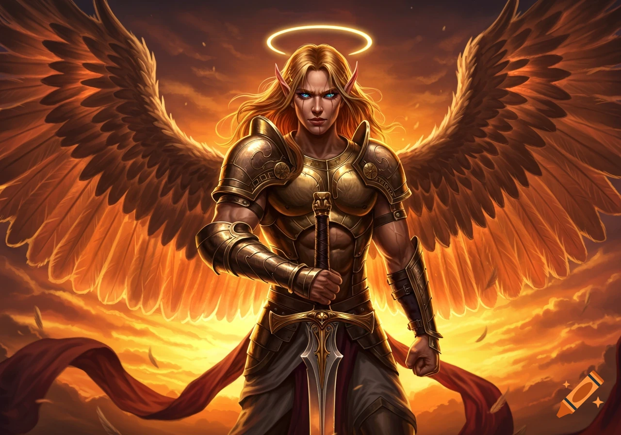 Warrior angel in golden armor and wings standing before a sunset sky ...