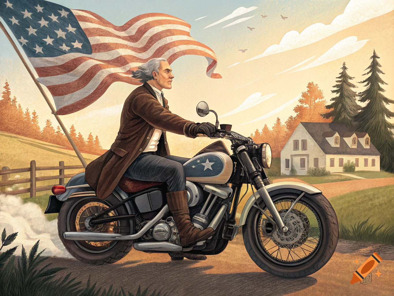 George Washington rides a vintage motorcycle with an American flag in a ...