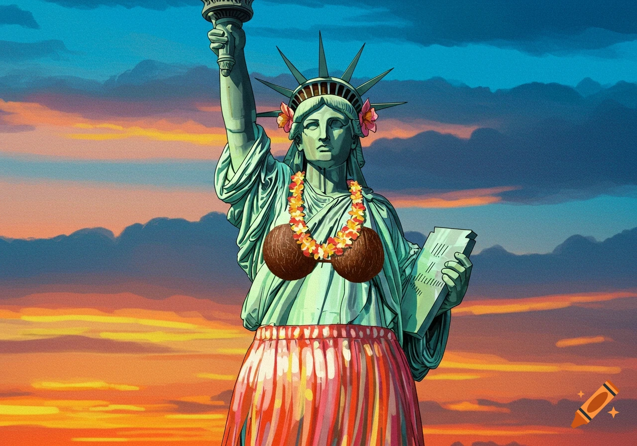Statue of Liberty wearing a coconut bra and hula skirt on Craiyon