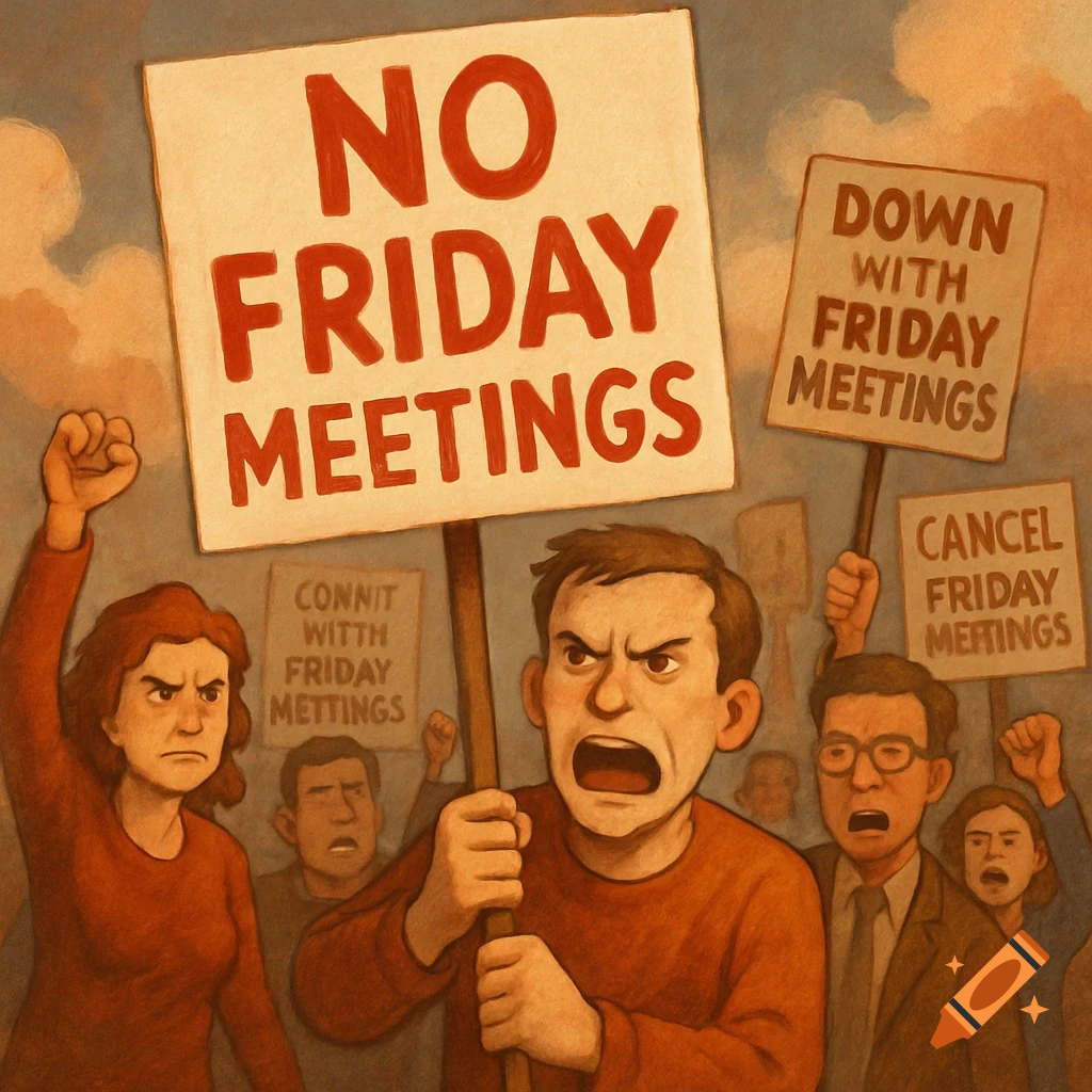 Illustration of angry people holding signs that say 'NO FRIDAY MEETINGS ...
