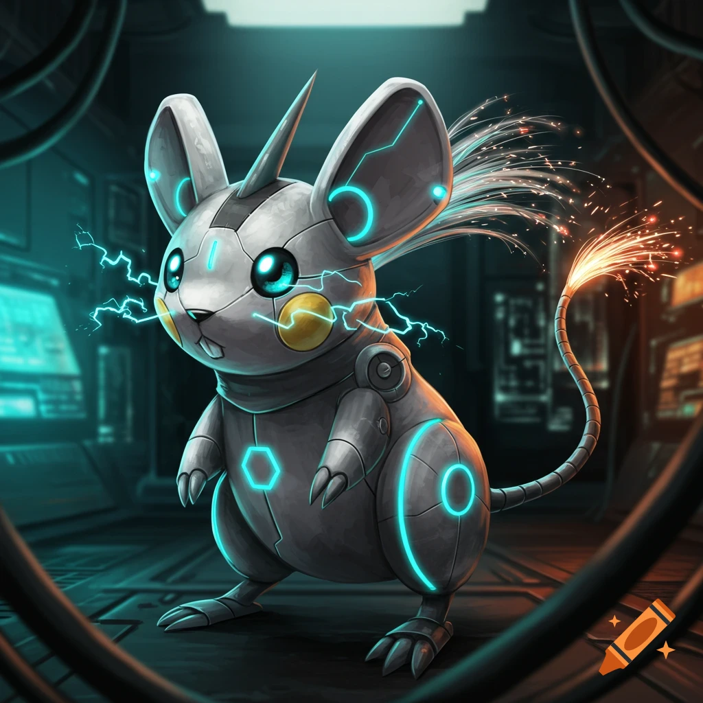 A robotic mouse Pokemon character with glowing blue lines and ...