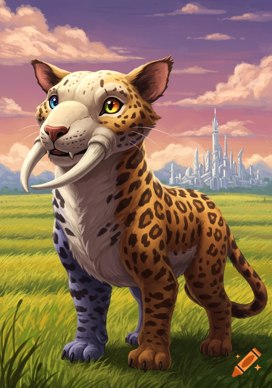 A fantasy creature with leopard spots, saber teeth, and heterochromia ...