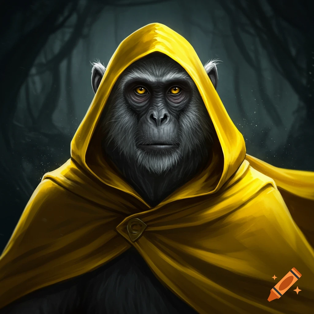 Illustration of a primate wearing a yellow hooded cloak on Craiyon
