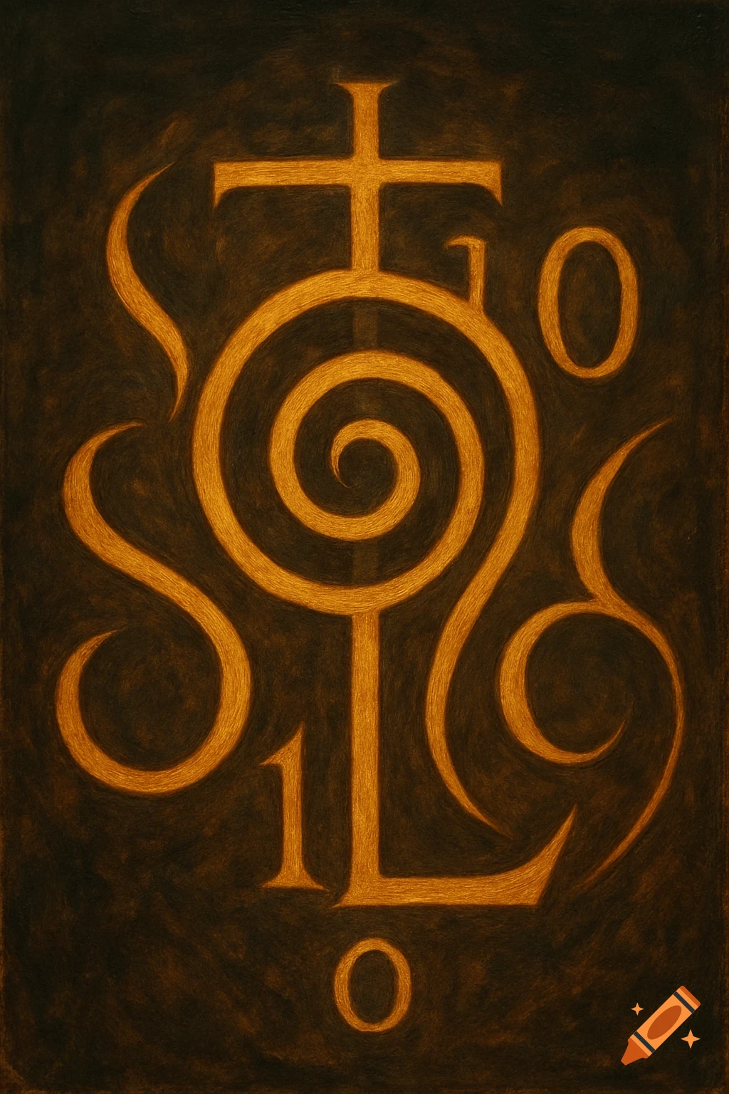 A golden sigil or symbol on a dark background, composed of merged lines ...