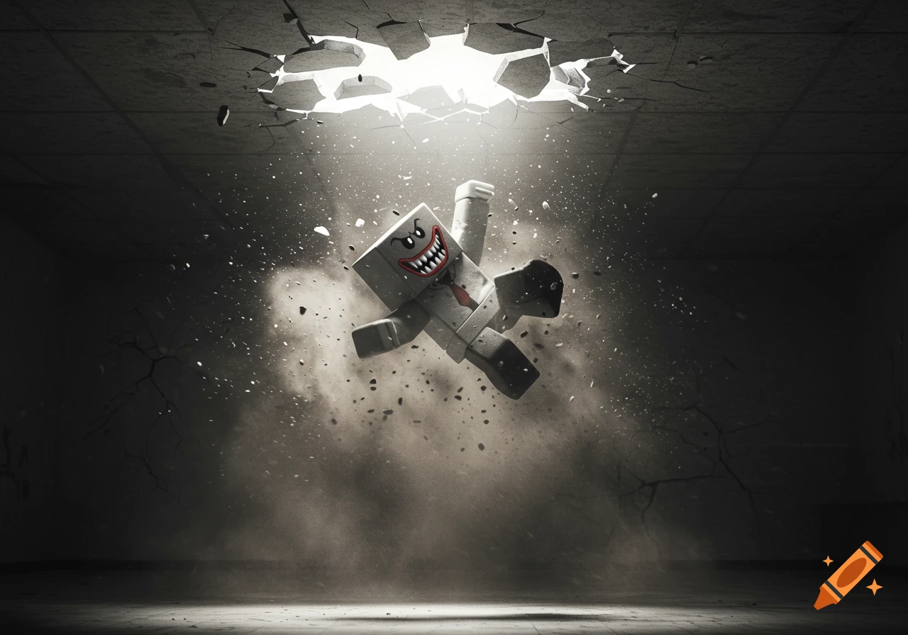 Blocky monster character with sharp teeth falls through a cracked ...