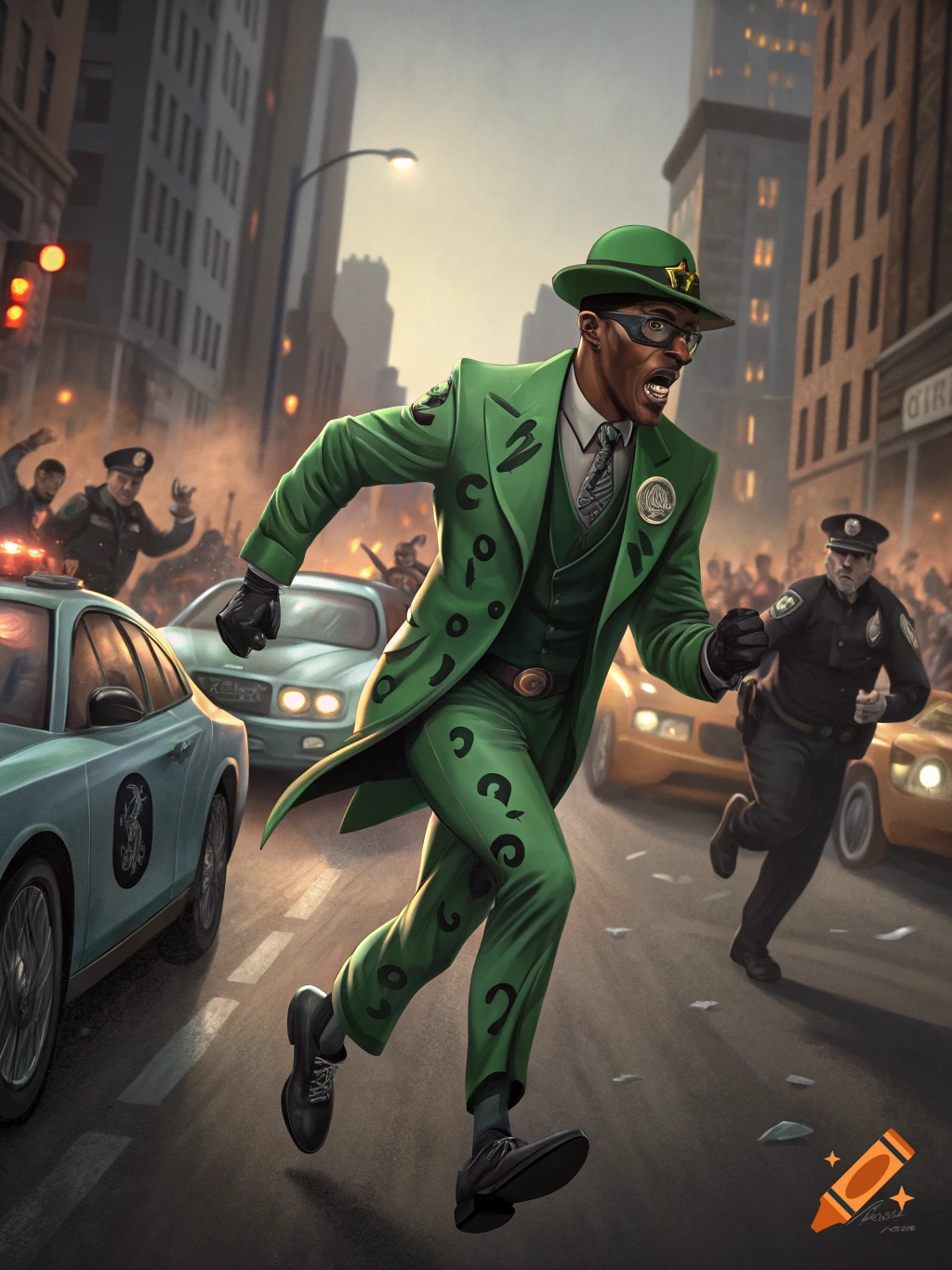 P Diddy as the Riddler runs from police in a city street illustration ...