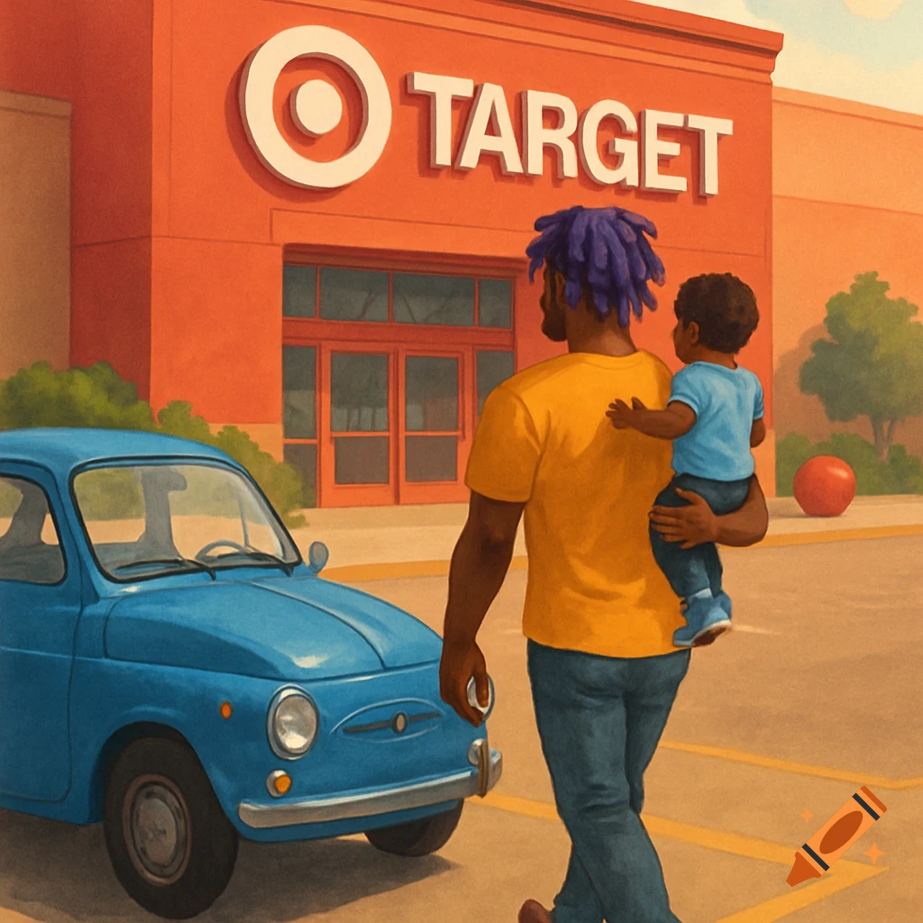 Illustration of a father carrying his son walking towards a Target ...