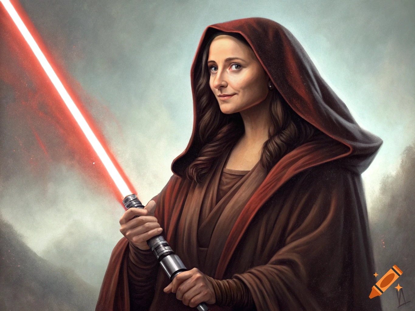 A portrait painting of a woman resembling the Mona Lisa wearing a red ...