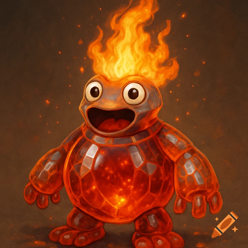 A cartoonish monster made of fire and glass with flames for hair stands ...