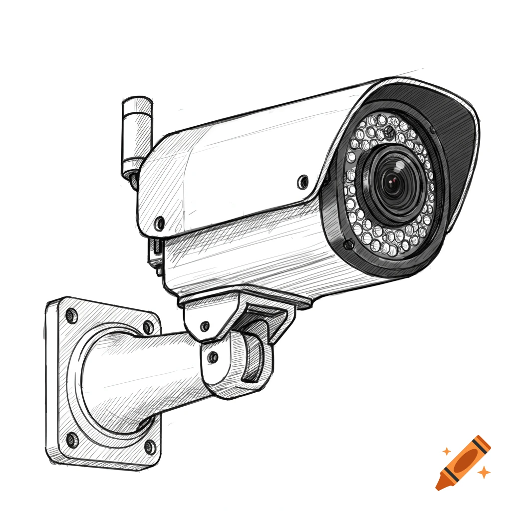 A black and white sketch of a security camera mounted on a wall. on Craiyon