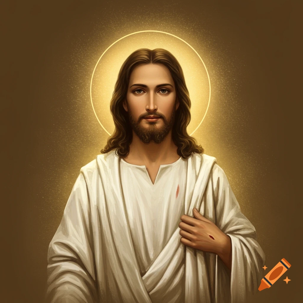 Portrait of Jesus Christ with halo and wounds, wearing a white robe ...