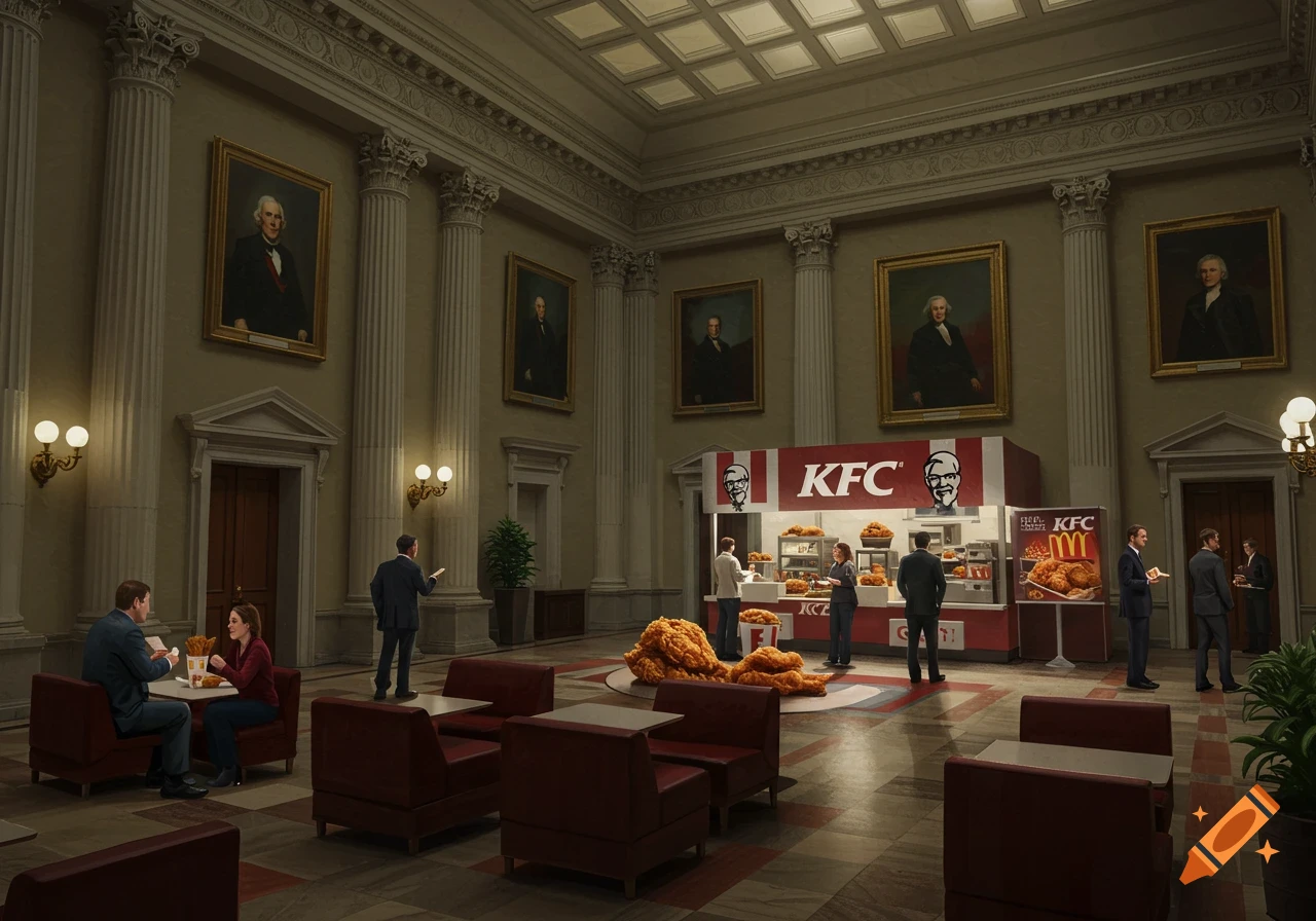 KFC restaurant stand in a grand, columned lobby with historical ...