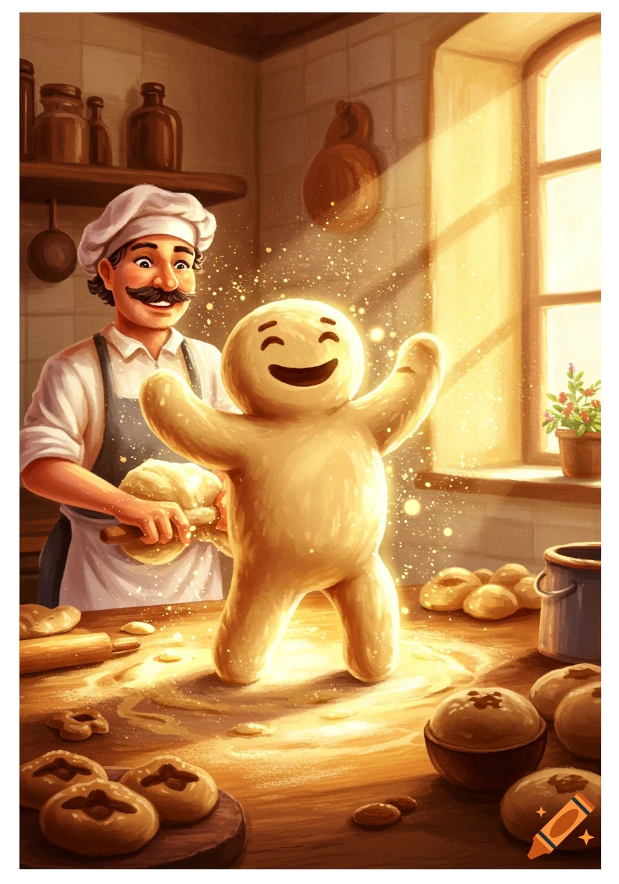 An illustration of a baker in a sunlit kitchen looking proudly at a ...