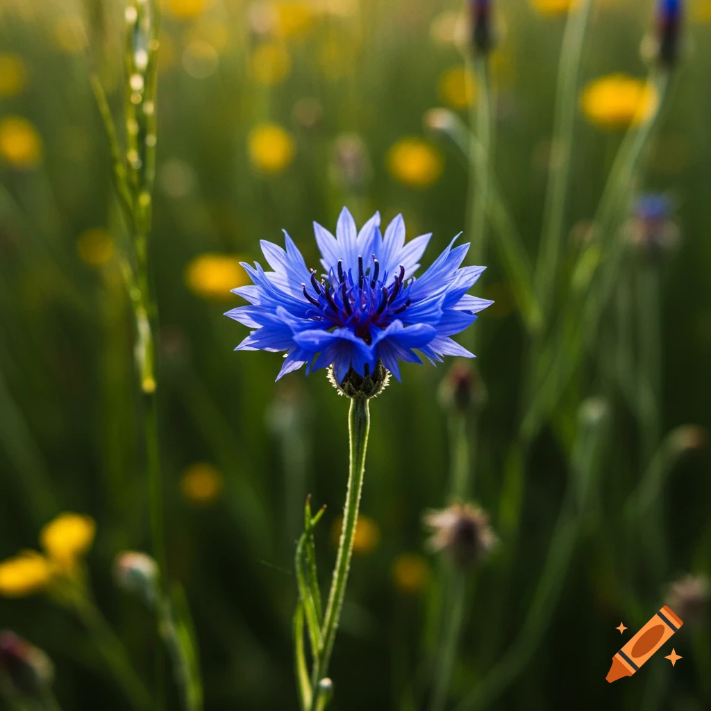 Close-up photo of a single blue cornflower in a sunny field with a ...
