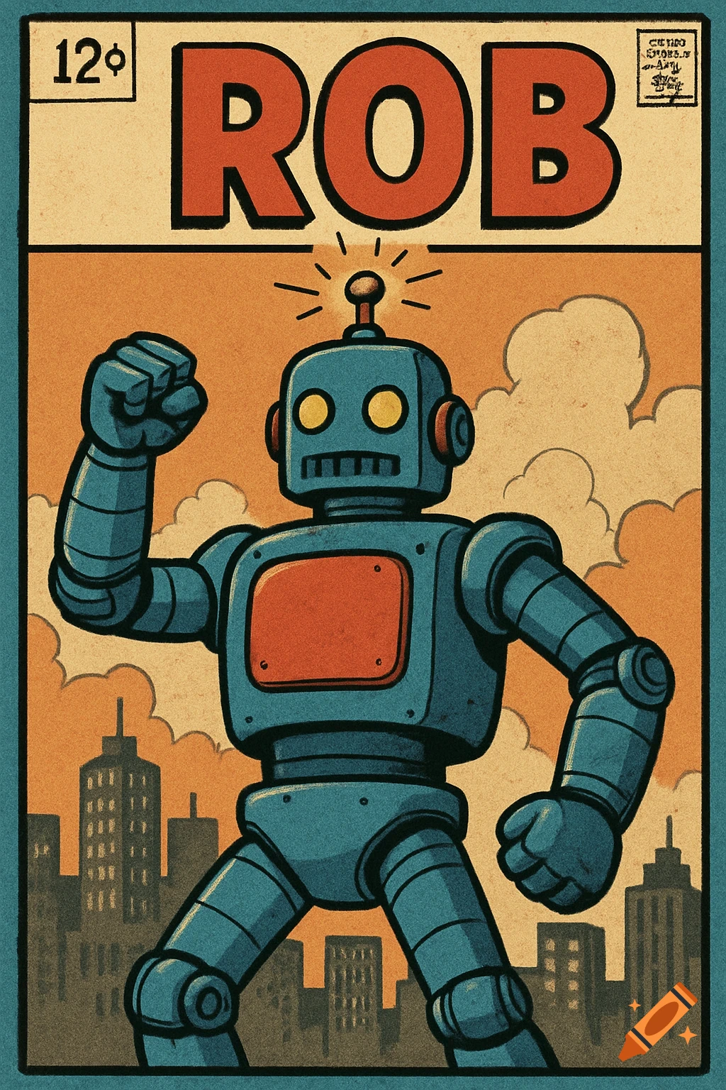 Retro comic book cover illustration of a robot standing over a city ...