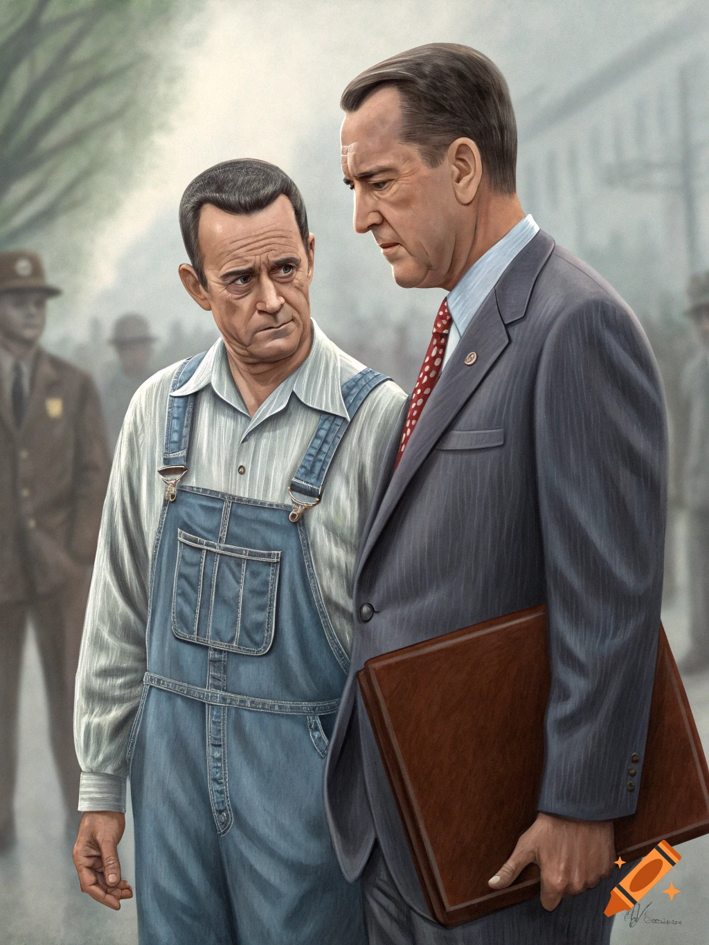 Painting of Forrest Gump in overalls standing with Richard Nixon in a ...