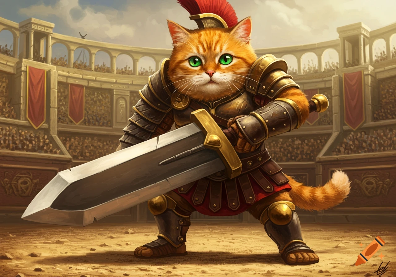 An orange cat in gladiator armor stands in a Roman arena holding a ...