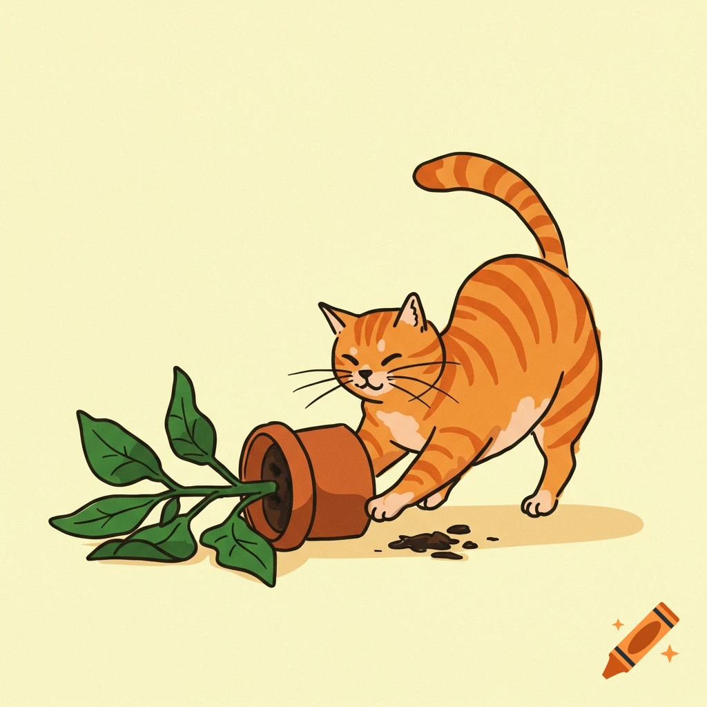 Simplistic cartoon drawing of an orange cat knocking over a plant pot ...