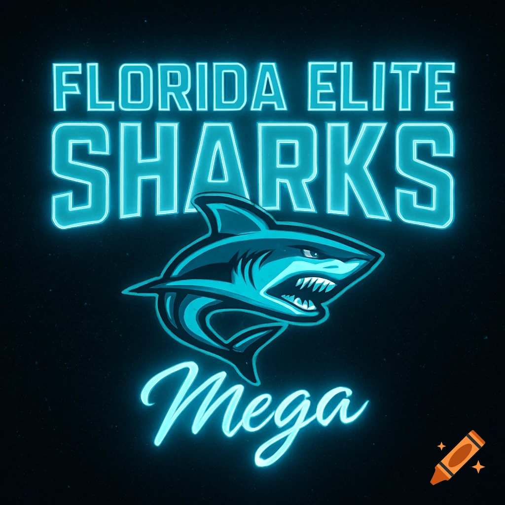 Logo with glowing teal text "Florida Elite Sharks" and "Mega" with a ...