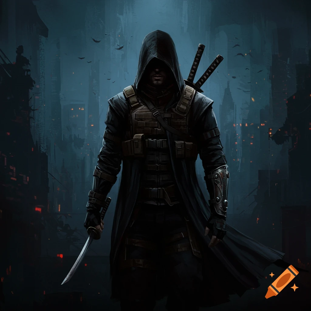 A hooded assassin with katanas stands in a dark, stylized city. on Craiyon