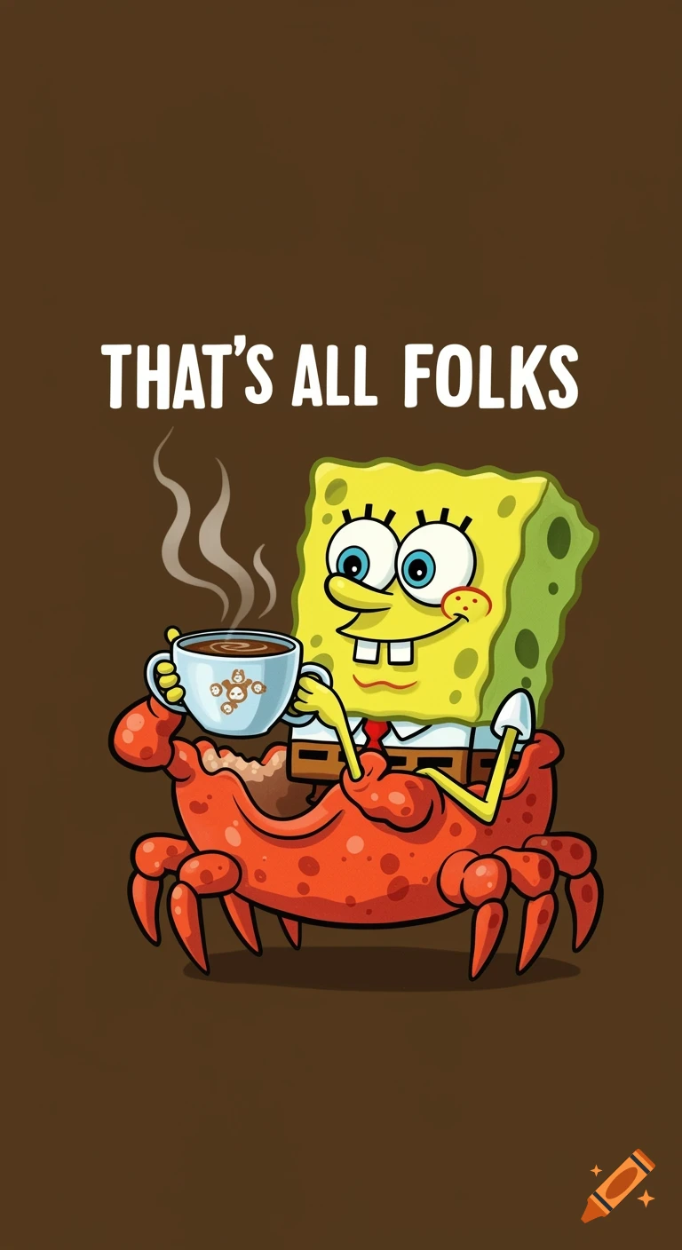 Spongebob sits in a red crab shell holding a coffee cup, with the text "THAT'S ALL FOLKS" above ...