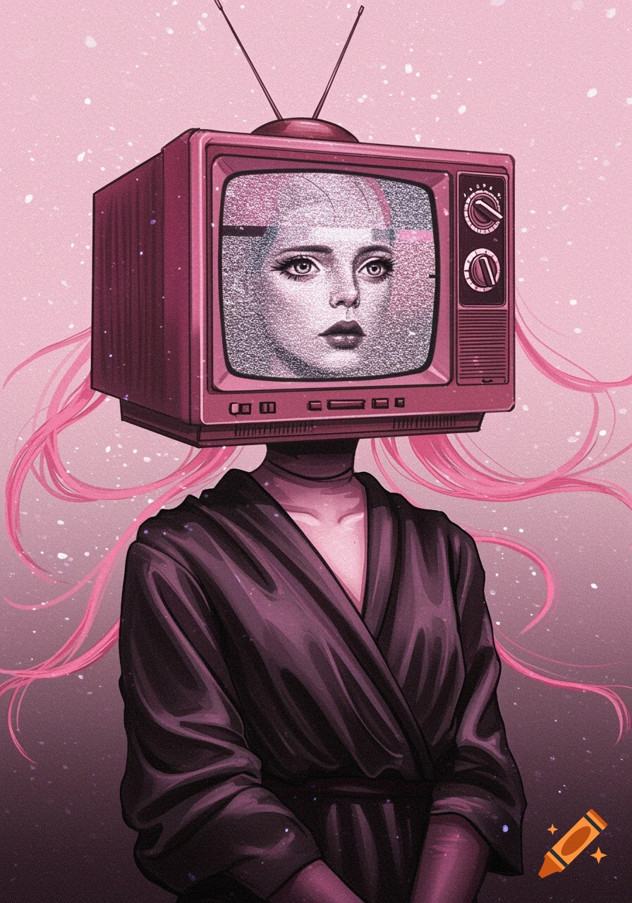Surreal digital art of a person with a static-filled TV head and pink ...