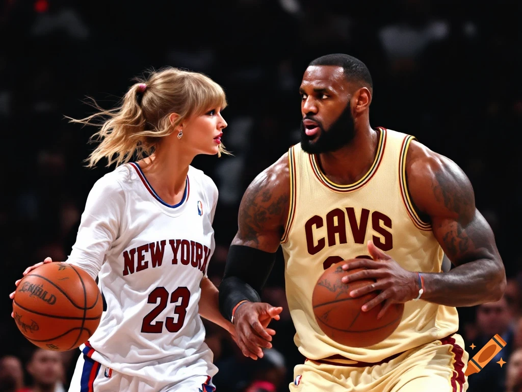 Taylor Swift and LeBron James play basketball in a stadium. on Craiyon