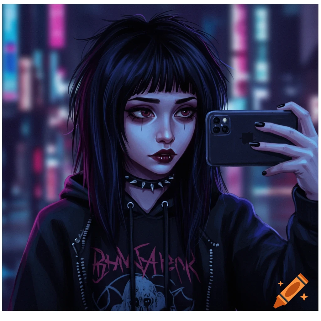 Stylized digital art portrait of a goth girl with dark makeup and hair, wearing a band hoodie ...