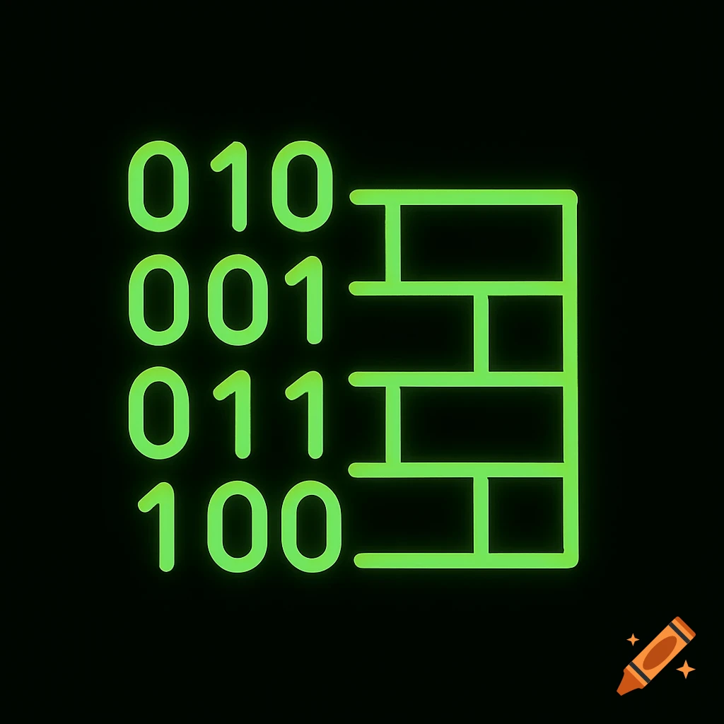 Green binary code next to a brick wall icon on black. on Craiyon