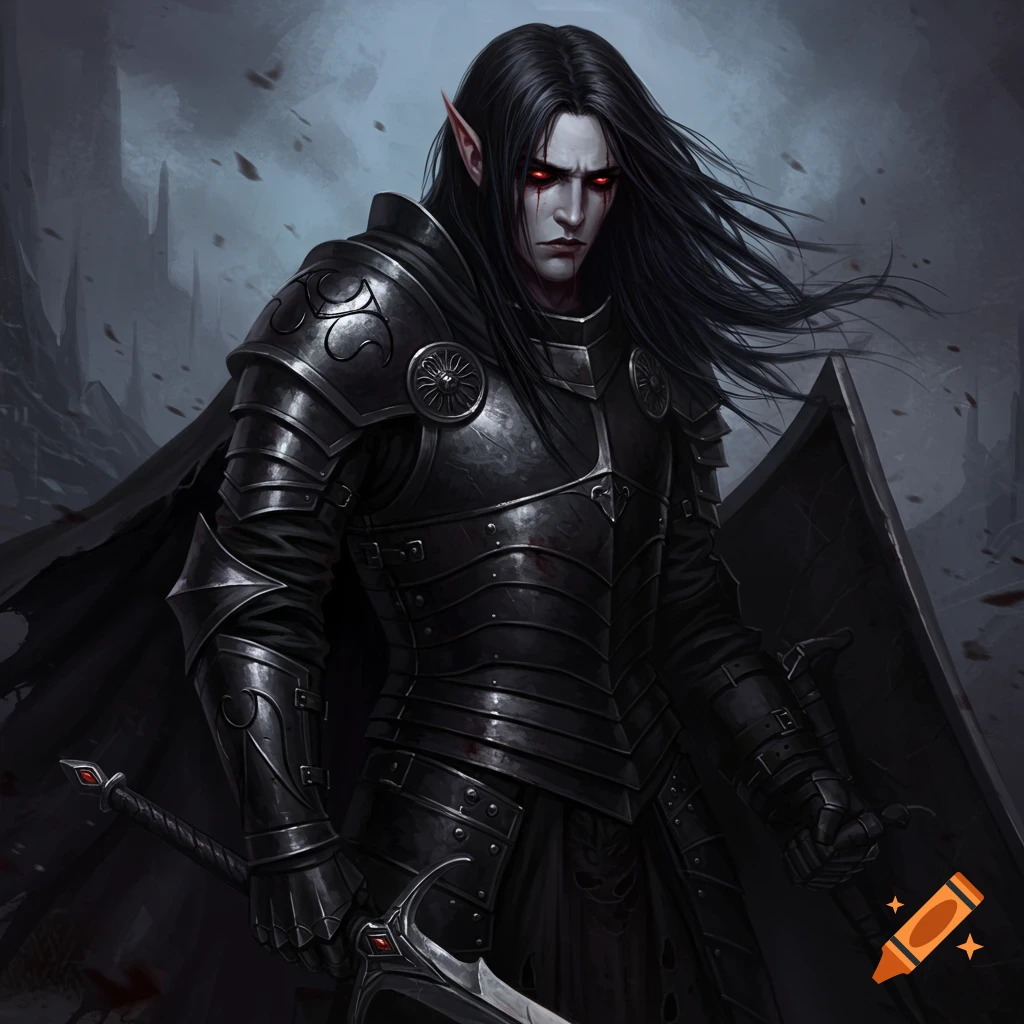 Portrait of a dark elf warrior with long black hair, red eyes, wearing ...