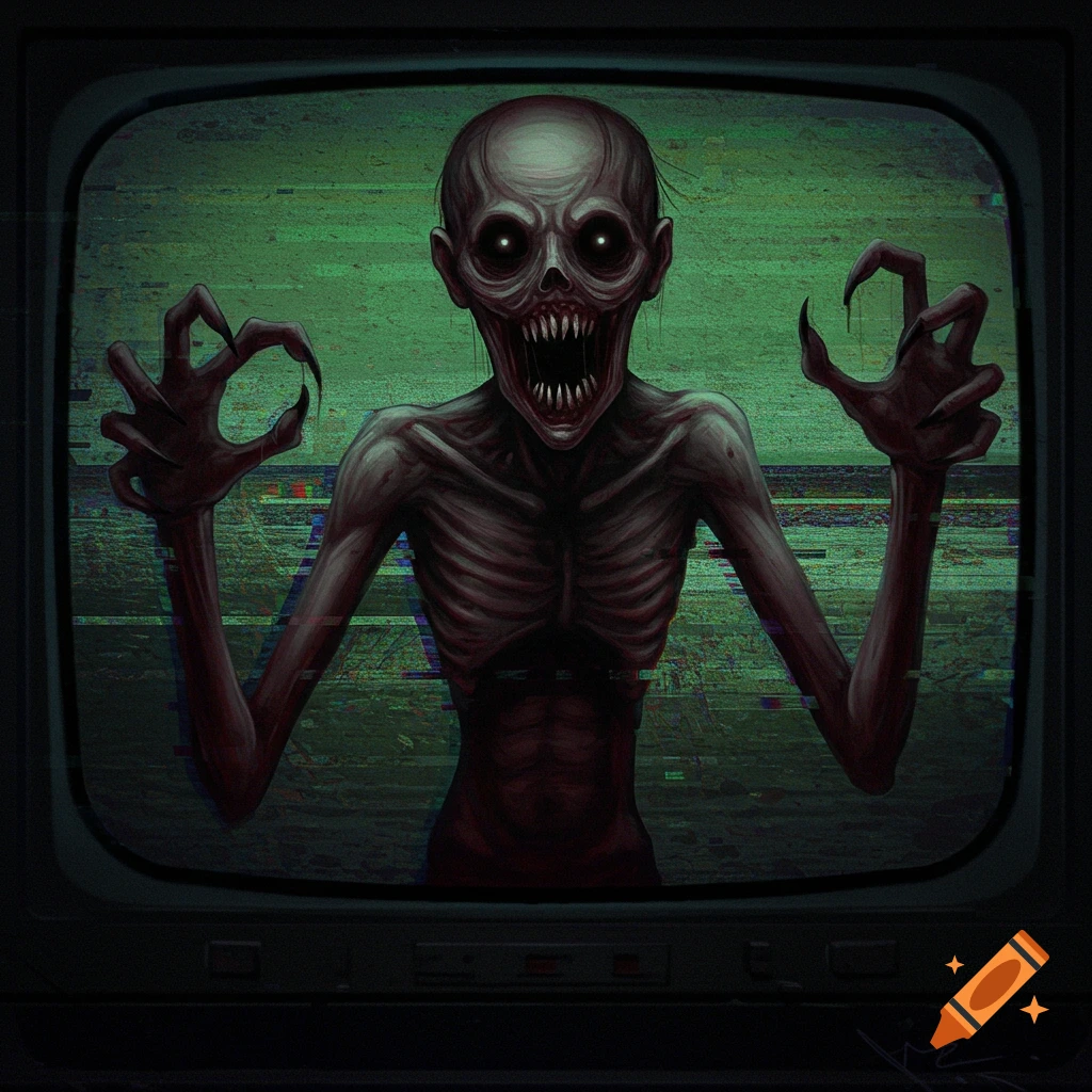 Skeletal horror monster with sharp teeth and claws on a glitchy green ...