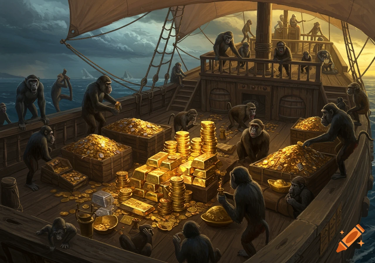 Monkeys on an ancient ship guarding chests full of gold and silver on ...