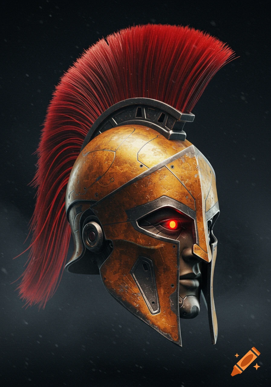 Photo-realistic portrait of a futuristic Spartan cyborg helmet with a ...