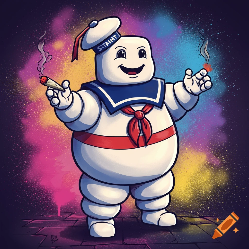 Cartoon Stay Puft Marshmallow Man smoking a joint with colourful ...