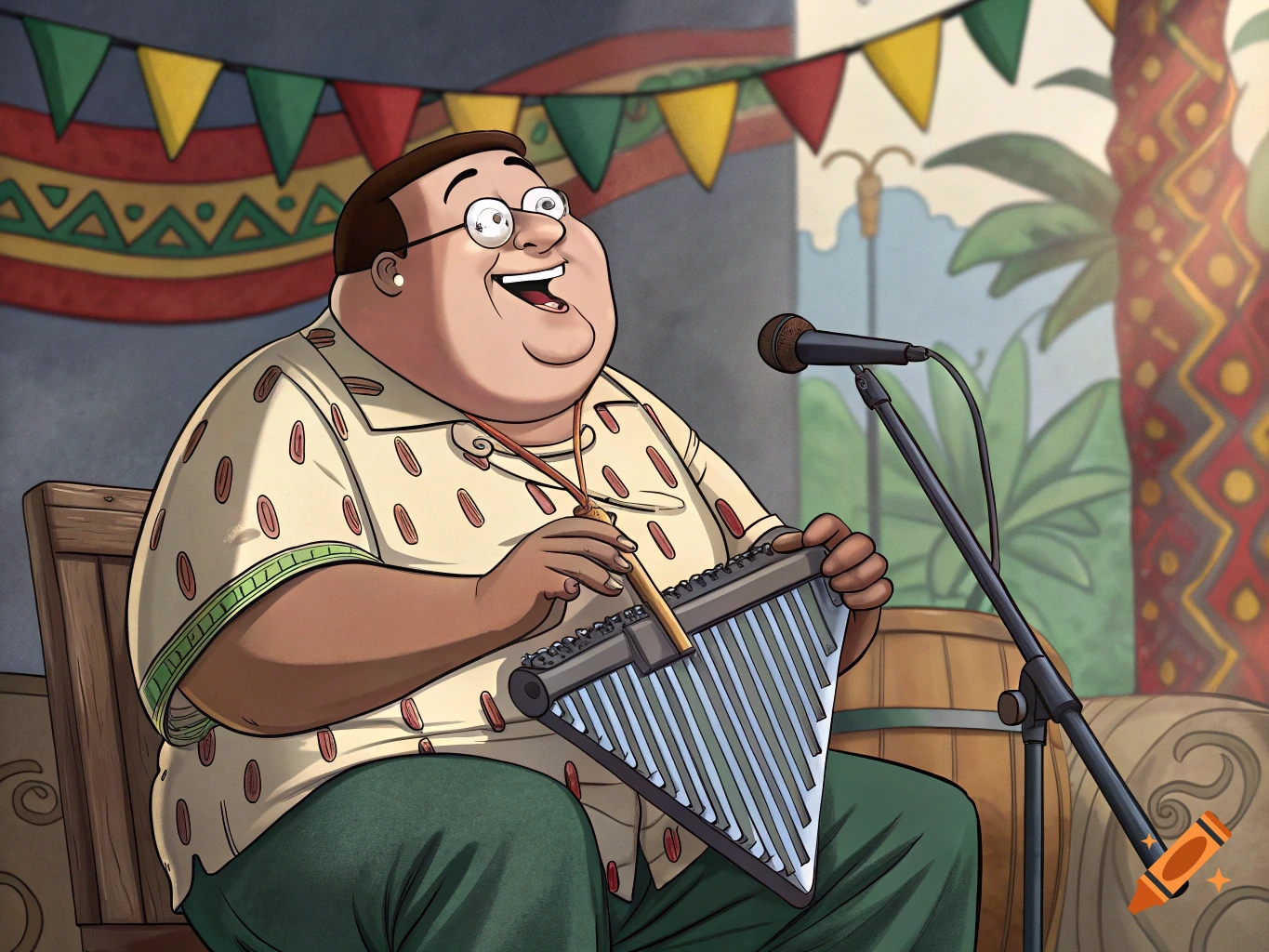 Cartoon of a man resembling Peter Griffin playing a triangular ...