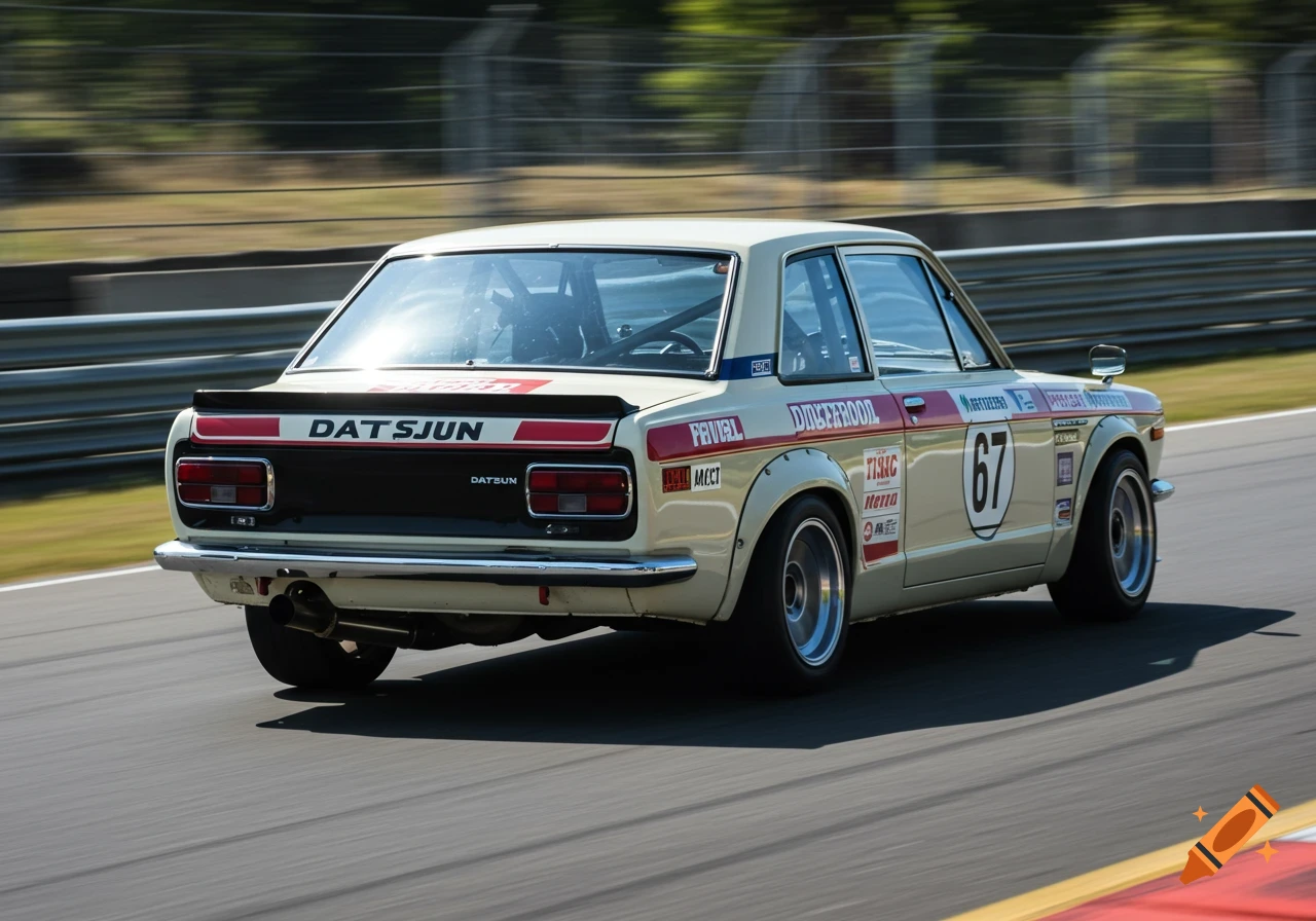 Rear view of a Datsun 1000 race car with number 67 on a track on Craiyon