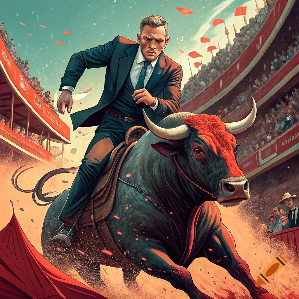 Man in suit riding a bull in a bullfighting arena on Craiyon