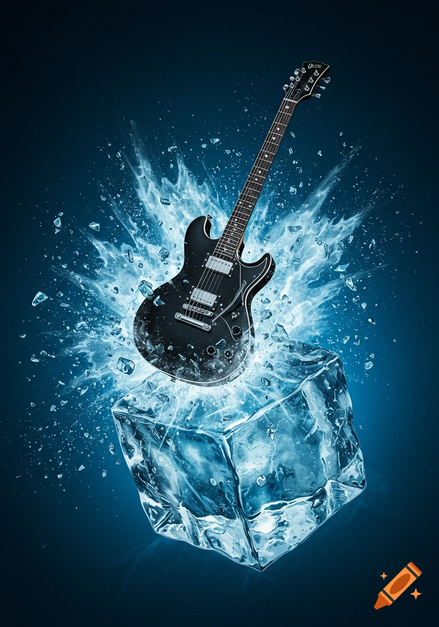 A black electric guitar above a breaking ice cube, with ice and water ...