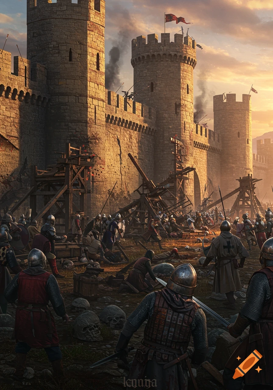 Medieval siege battle outside a stone castle at sunset, with soldiers ...