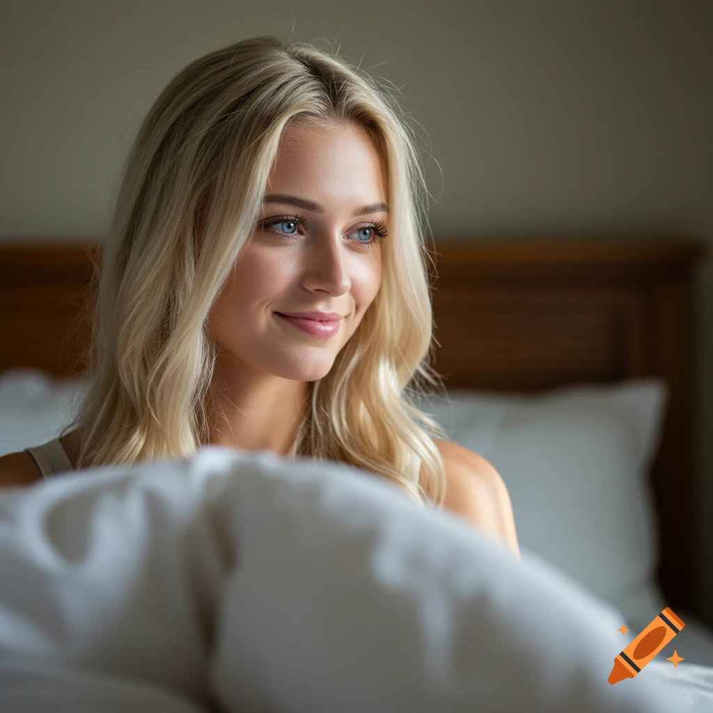 Close-up portrait of a young blonde woman smiling in bed on Craiyon
