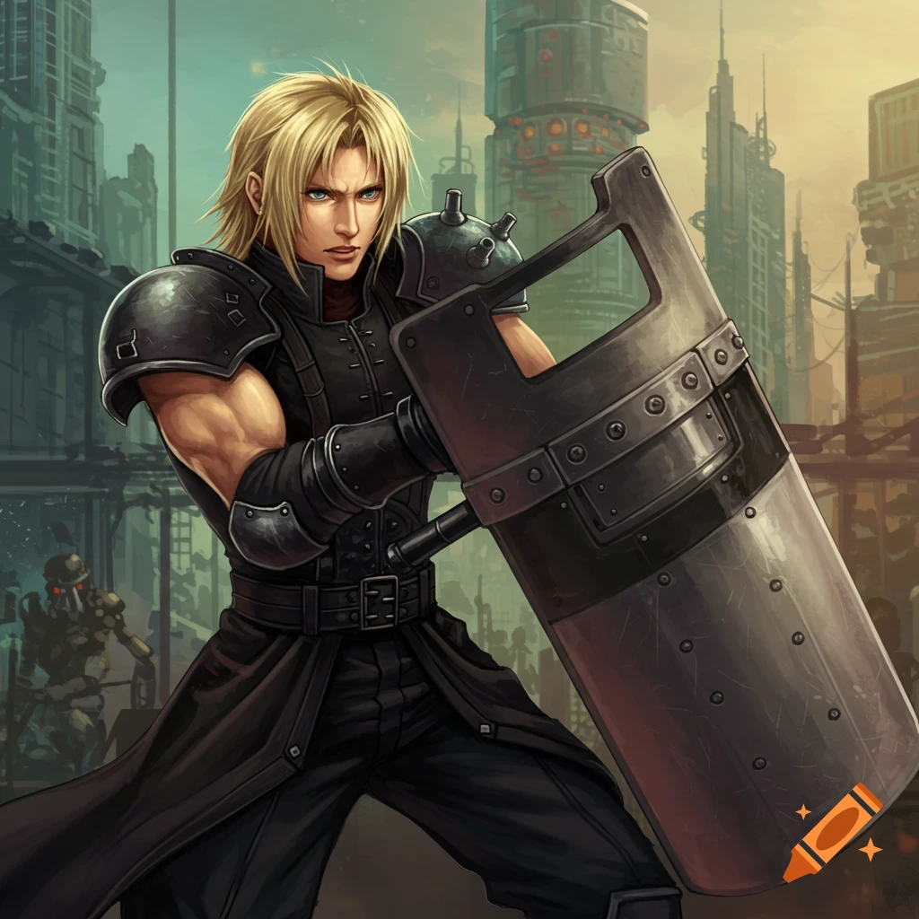 Illustration of a blond man in armor holding a large riot shield in a ...